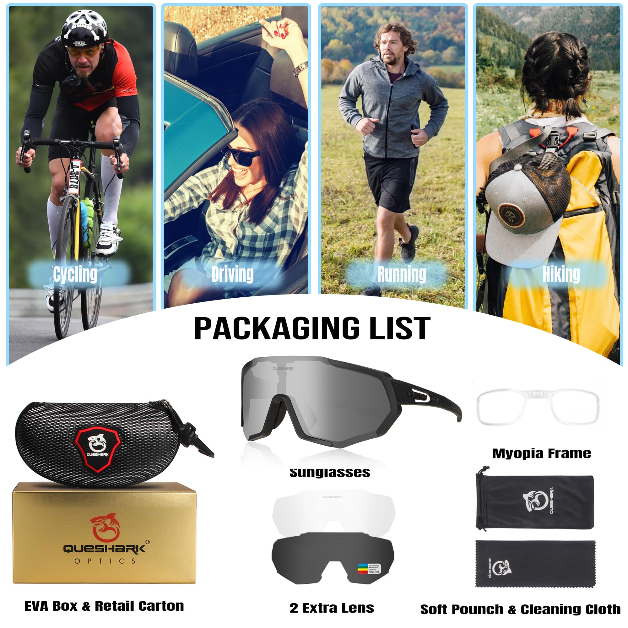 Queshark Cycling Glasses Sports Sunglasses for Men Women with 1 Polarized 2 HD Lens For MTB Running Driving Fishing Baseball