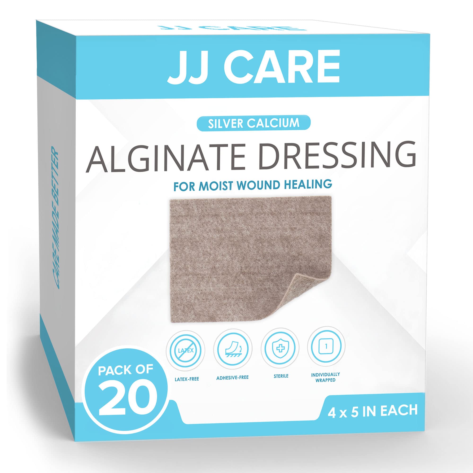 JJ CARE Silver Calcium Alginate Wound Dressing (Pack of 20) 4x5, Calcium Alginate Wound Dressing, Individually Packed Calcium Alginate, Highly Absorbent Silver Wound Dressing