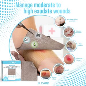 JJ CARE Silver Calcium Alginate Wound Dressing (Pack of 20) 4x5, Calcium Alginate Wound Dressing, Individually Packed Calcium Alginate, Highly Absorbent Silver Wound Dressing