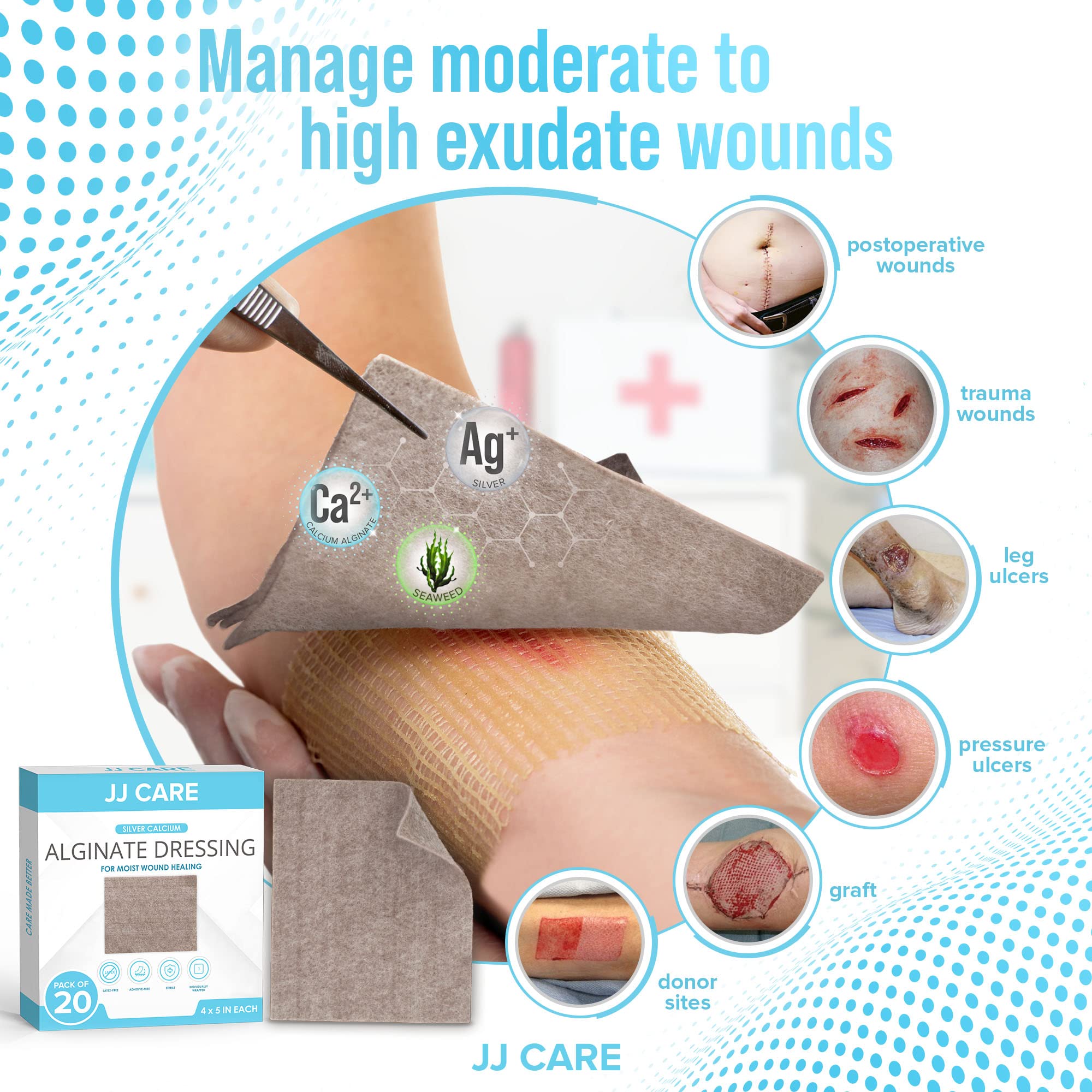 JJ CARE Silver Calcium Alginate Wound Dressing (Pack of 20) 4x5, Calcium Alginate Wound Dressing, Individually Packed Calcium Alginate, Highly Absorbent Silver Wound Dressing