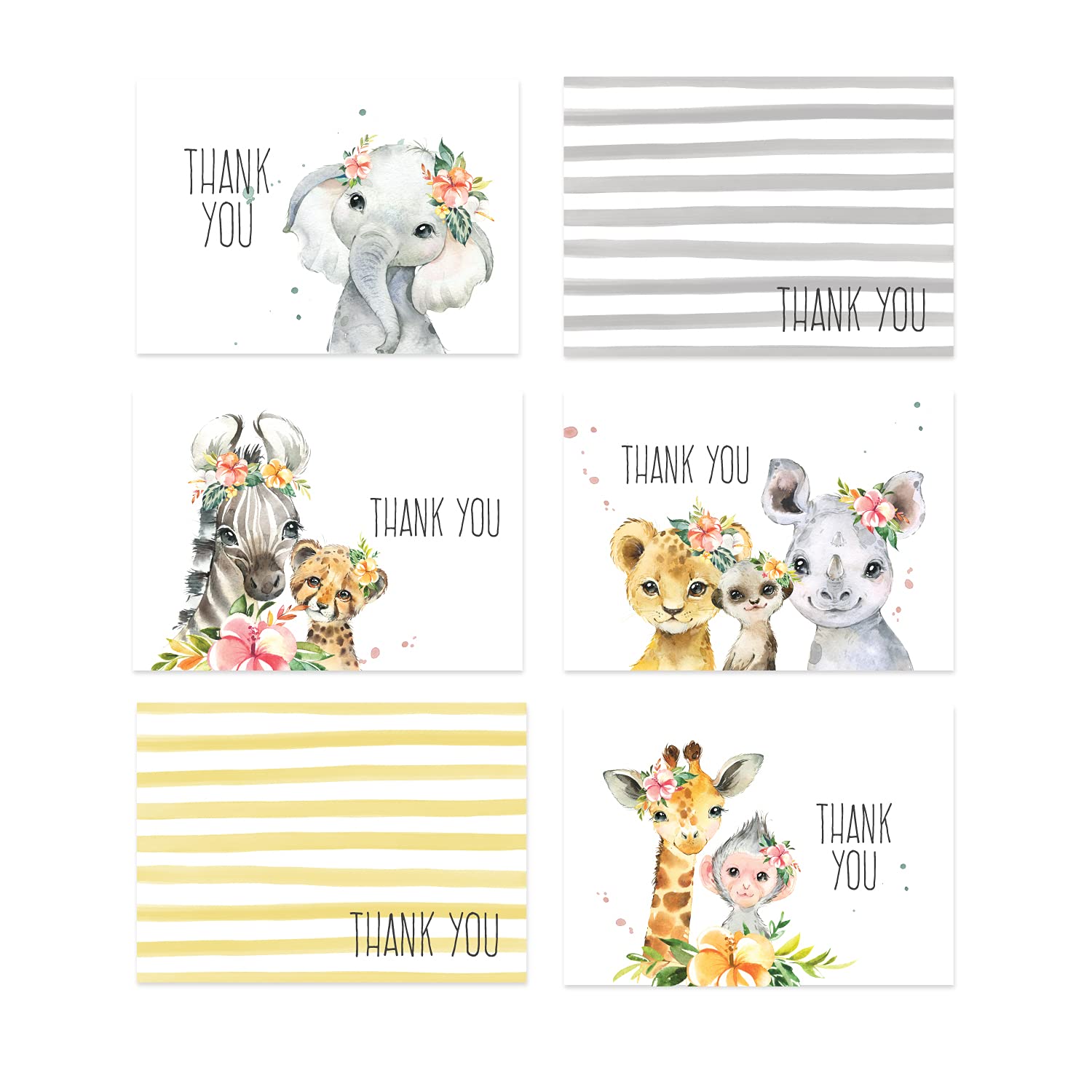 Canopy Street Boho Safari Animal Baby Shower Thank You/New Baby Appreciation Card Set / 24 Jungle Animals Gratitude Cards / 6 Baby Animal Thanks Designs 3 1/2" x 4 7/8" Note Card Pack