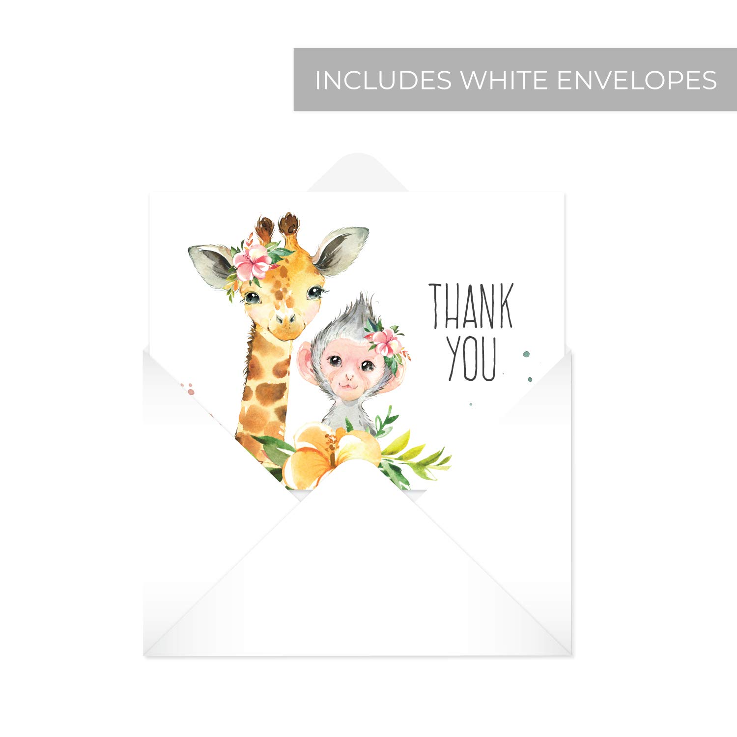 Canopy Street Boho Safari Animal Baby Shower Thank You/New Baby Appreciation Card Set / 24 Jungle Animals Gratitude Cards / 6 Baby Animal Thanks Designs 3 1/2" x 4 7/8" Note Card Pack