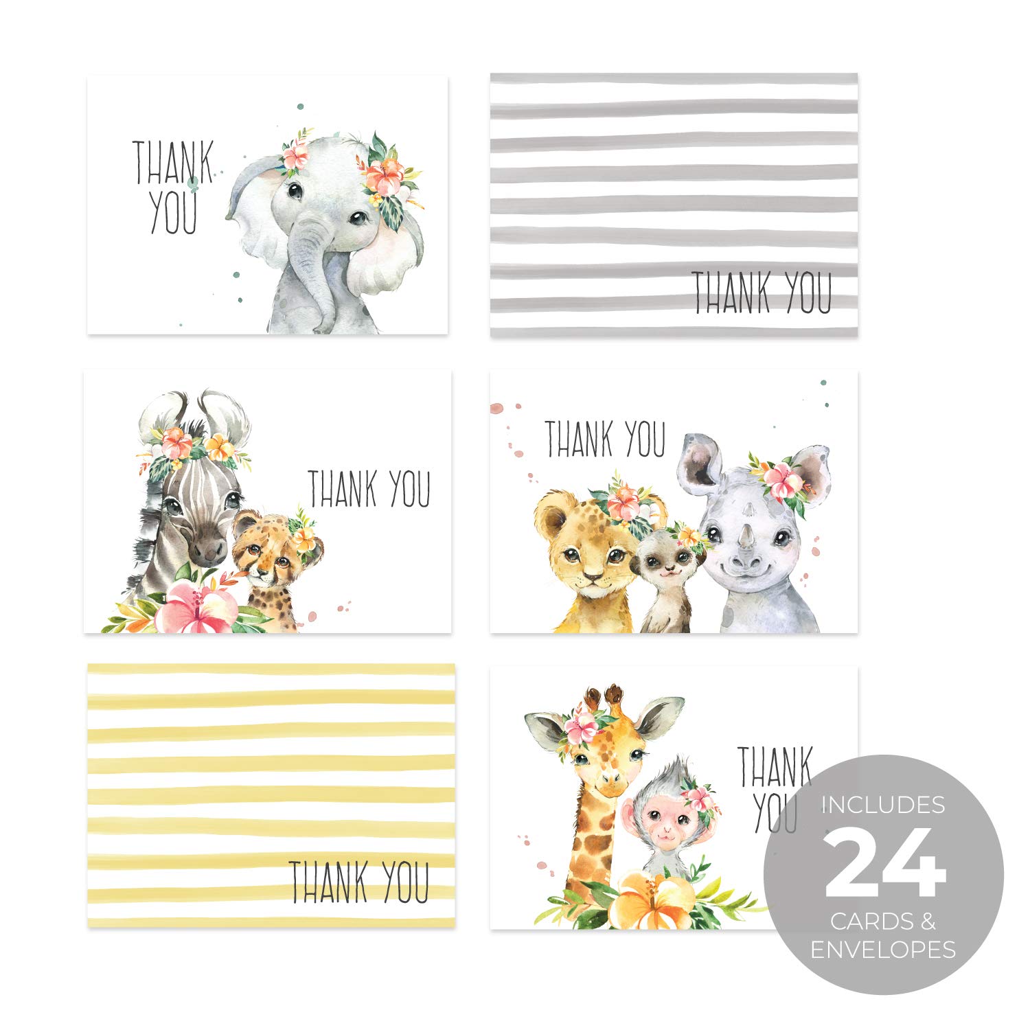 Canopy Street Boho Safari Animal Baby Shower Thank You/New Baby Appreciation Card Set / 24 Jungle Animals Gratitude Cards / 6 Baby Animal Thanks Designs 3 1/2" x 4 7/8" Note Card Pack