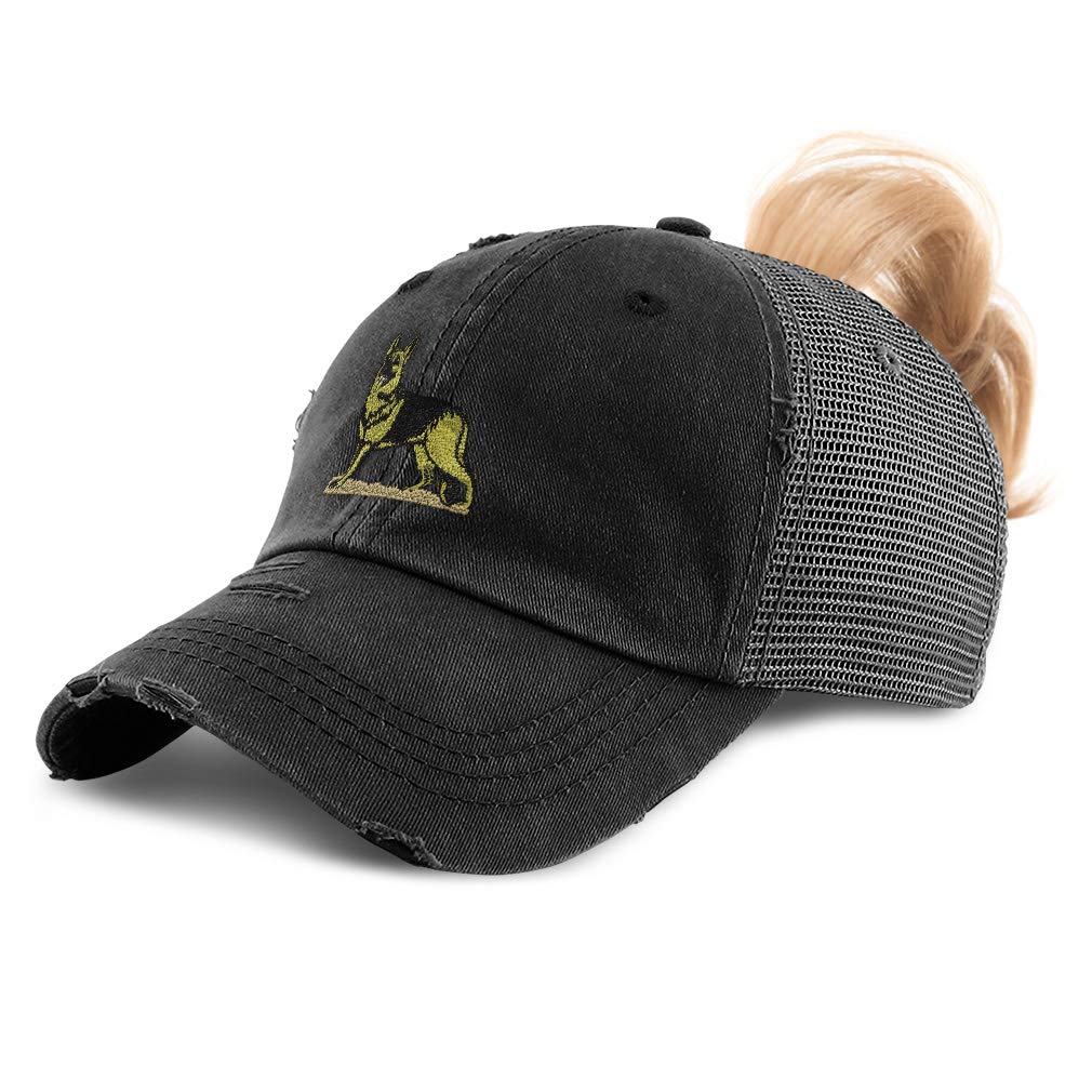 Womens Ponytail Cap German Shepherd Dog B Embroidery Cotton Messy Bun Distressed Trucker Hats Strap Closure Black Design Only