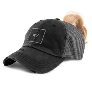 speedy pros womens ponytail cap wyoming state map wy embroidery cotton messy bun distressed trucker hats strap closure black design only