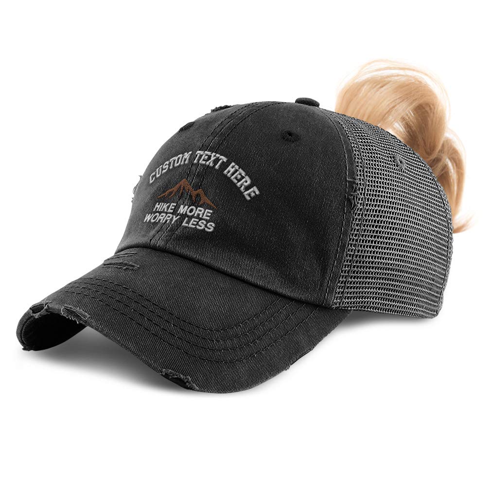 Custom Womens Ponytail Cap Hike More, Worry Less Embroidery Cotton Messy Bun Distressed Trucker Hats Strap Closure Black Personalized Text Here