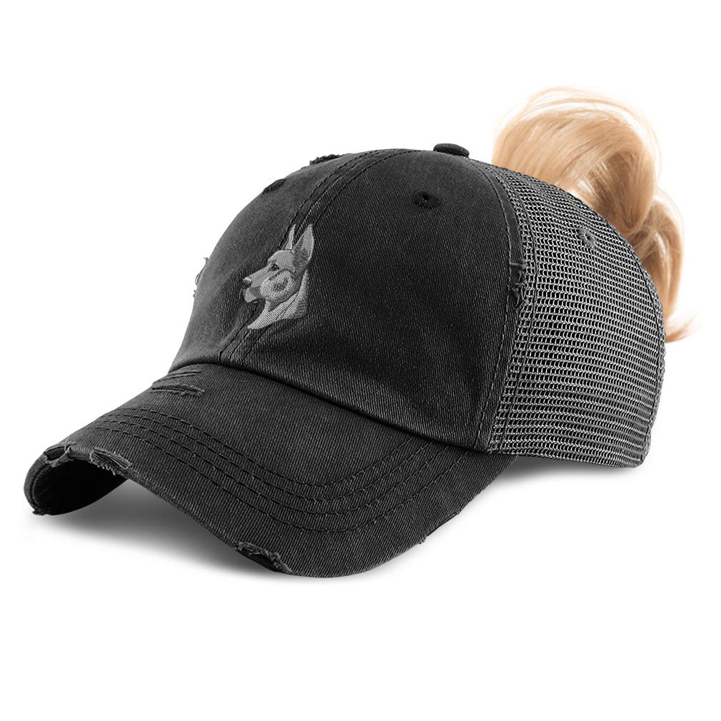 Womens Ponytail Cap Great Dane Head Embroidery Cotton Messy Bun Distressed Trucker Hats Strap Closure Black Design Only