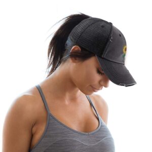 Speedy Pros Womens Ponytail Cap Sunflower A Embroidery Cotton Messy Bun Distressed Trucker Hats Strap Closure Black Design Only