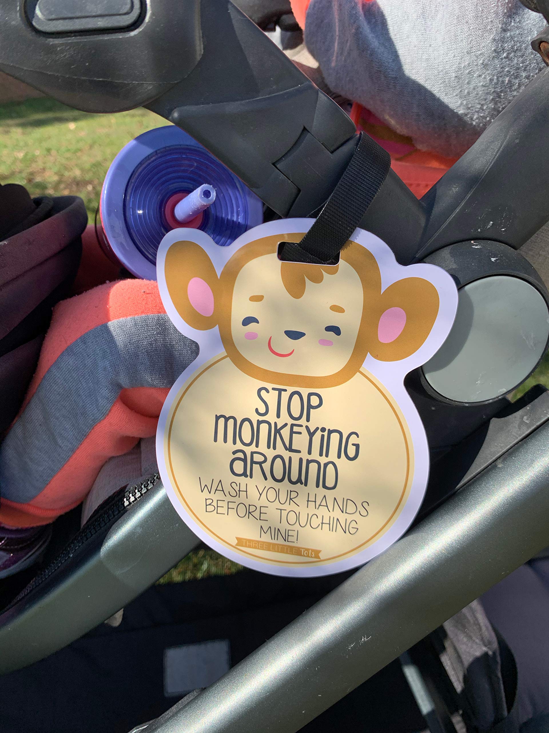 THREE LITTLE TOTS – Animal Theme No Touching Baby Car Seat Sign or Stroller Tag - CPSIA Safety Tested (Monkey)