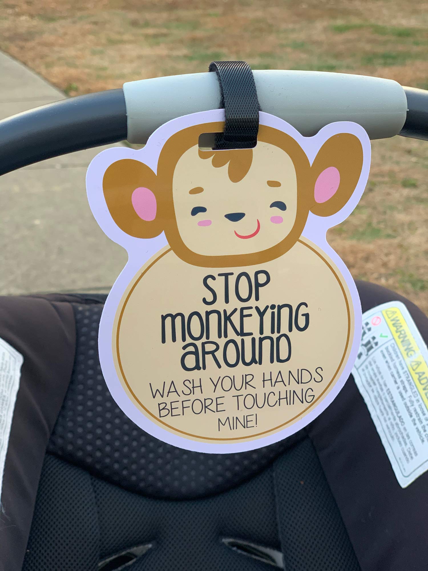 THREE LITTLE TOTS – Animal Theme No Touching Baby Car Seat Sign or Stroller Tag - CPSIA Safety Tested (Monkey)