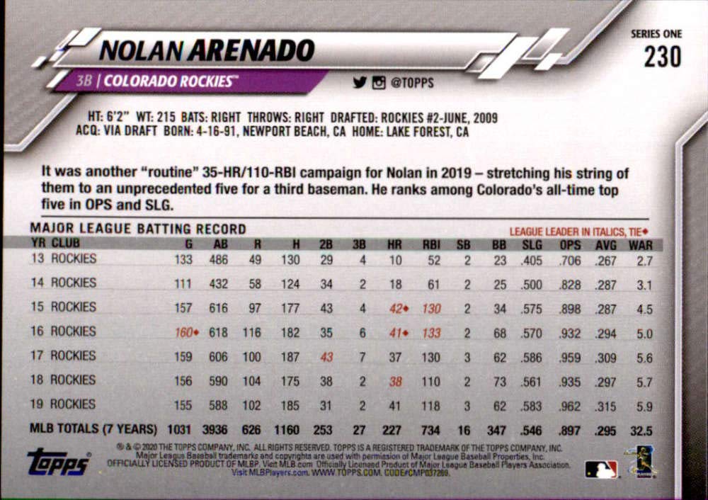 Baseball MLB 2020 Topps #230 Nolan Arenado NM-MT Rockies