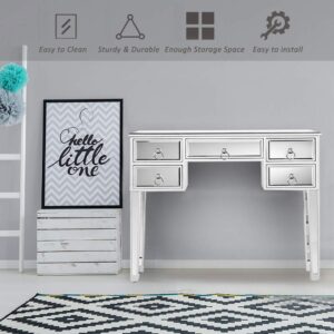 SSLine Mirrored Table,Mirrored Vanity Table Makeup Desk with 2 Drawers,Console Modern Mirrored Makeup Table Media Console Table for Women Home Office Writing Desk Smooth Finish (Silver 5 Drawers)