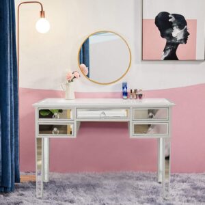 SSLine Mirrored Table,Mirrored Vanity Table Makeup Desk with 2 Drawers,Console Modern Mirrored Makeup Table Media Console Table for Women Home Office Writing Desk Smooth Finish (Silver 5 Drawers)