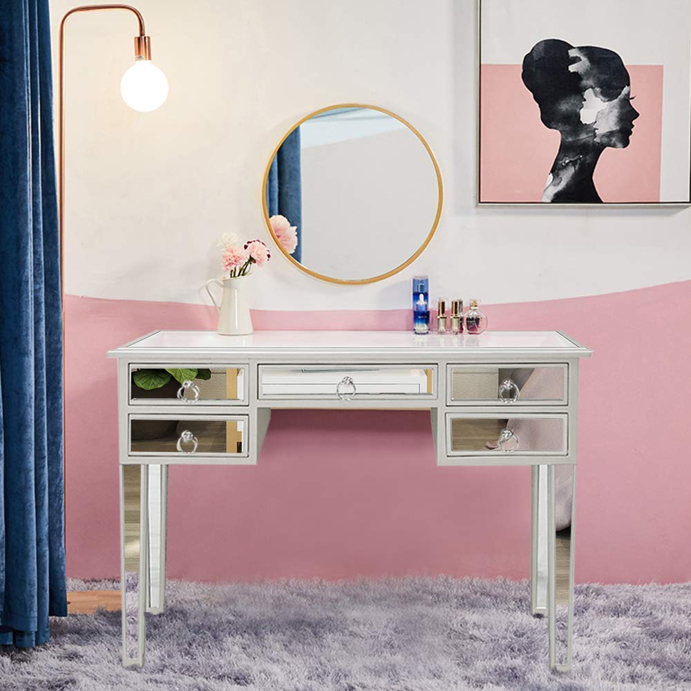 SSLine Mirrored Table,Mirrored Vanity Table Makeup Desk with 2 Drawers,Console Modern Mirrored Makeup Table Media Console Table for Women Home Office Writing Desk Smooth Finish (Silver 5 Drawers)