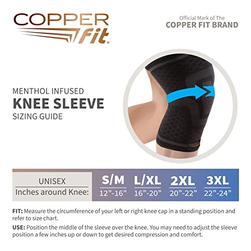 Copper Fit Unisex Adult ICE Sleeve, L/XL Knit Compression Knee Sleeve Infused with Menthol and CoQ10 for Maximum Recovery, Black, Large/X-Large US