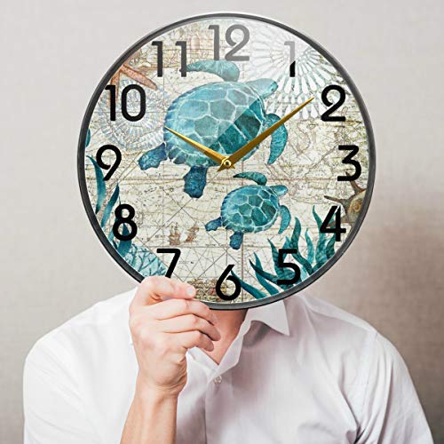 Naanle Chic Vintage Ocean Sea Turtles Starfish Map Print Round Wall Clock, 9.5 Inch Silent Battery Operated Quartz Analog Quiet Desk Clock for Home,Office,School