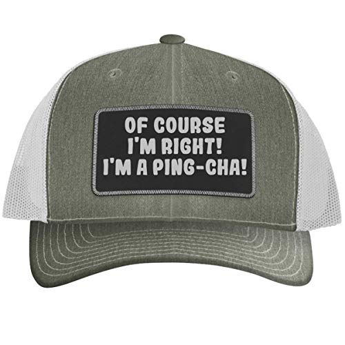 of Course I'm Right! I'm A Ping-Cha! - Leather Black Patch Engraved Trucker Hat, Heather-White, One Size