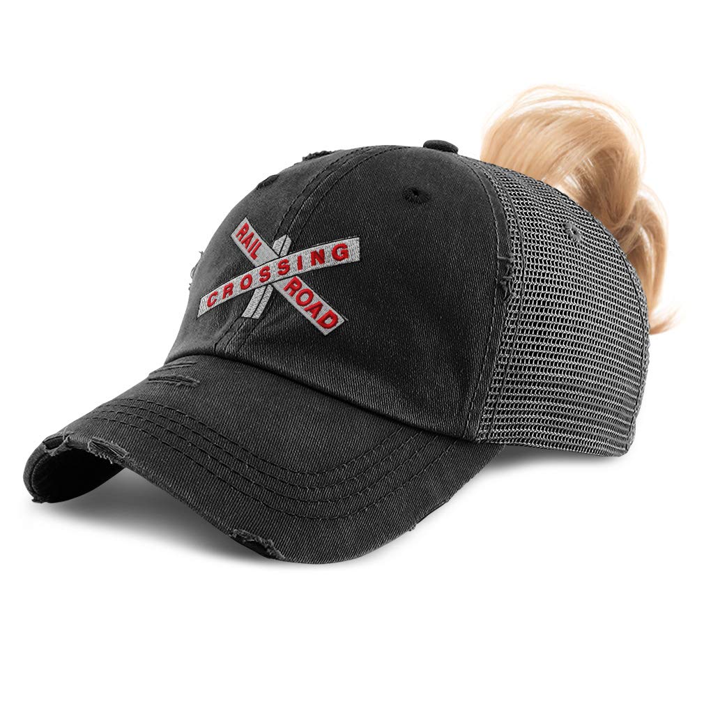 Speedy Pros Womens Ponytail Cap Railroad Crossing Embroidery Cotton Distressed Trucker Hats Strap Closure Black