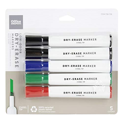 Office Depot Brand 100% Recycled Low-Odor Dry-Erase Markers, Chisel Point, Assorted, Pack of 5