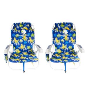 2 tommy bahama backpack beach chairs, aluminum, blue/pineapple