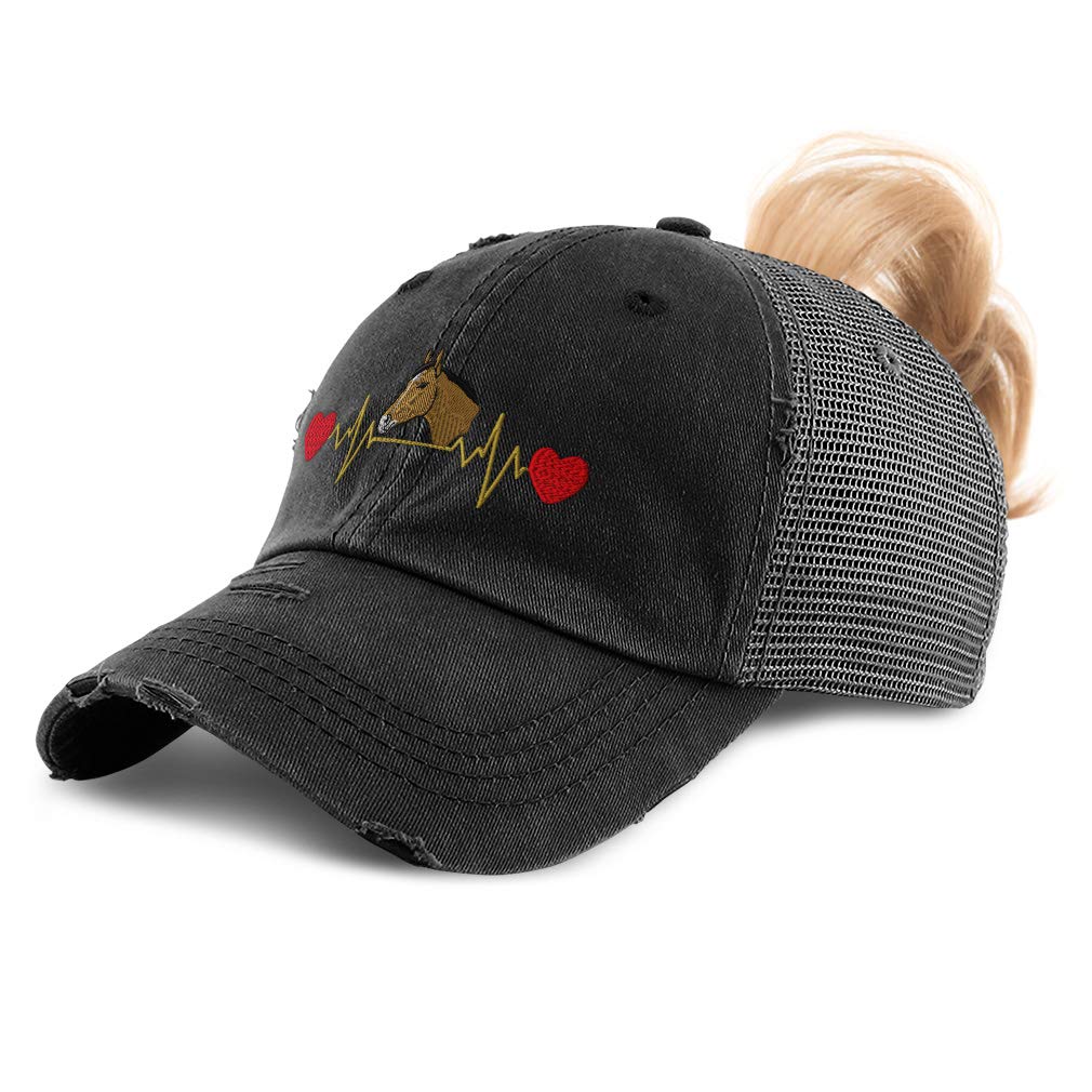 Womens Ponytail Cap Horse Lifeline D Embroidery Cotton Distressed Trucker Hats Strap Closure Black