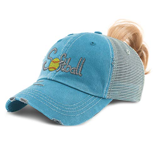 Womens Ponytail Cap Softball Embroidery Cotton Distressed Trucker Hats Strap Closure Turquoise