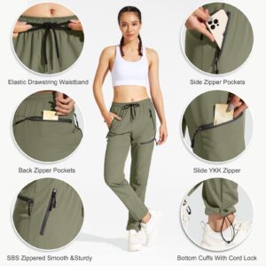 MOCOLY Women's Cargo Hiking Pants Elastic Waist Quick Dry Lightweight Water Resistant Casual Long Pants UPF 50+ Green L