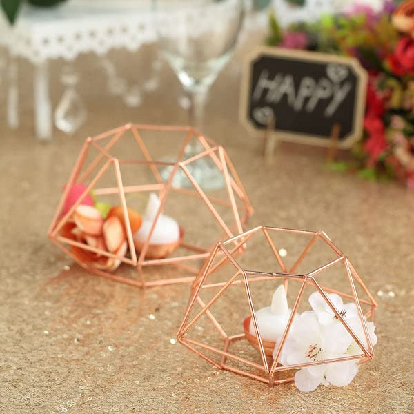 TABLECLOTHSFACTORY Set of 2 Rose Gold Metal Hexagon Top Geometrical Tealight Candle Holders Flower Vase - 4"|3"