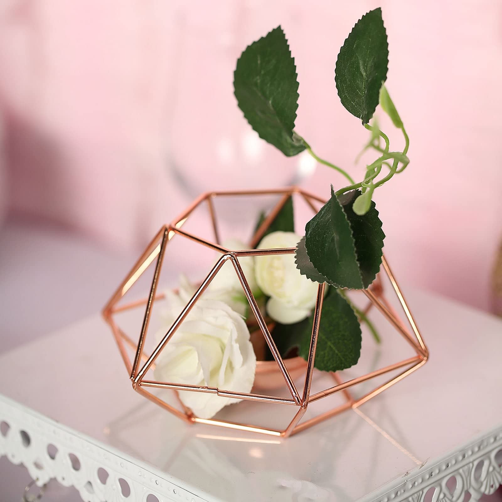 TABLECLOTHSFACTORY Set of 2 Rose Gold Metal Hexagon Top Geometrical Tealight Candle Holders Flower Vase - 4"|3"