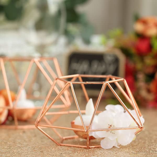 TABLECLOTHSFACTORY Set of 2 Rose Gold Metal Hexagon Top Geometrical Tealight Candle Holders Flower Vase - 4"|3"