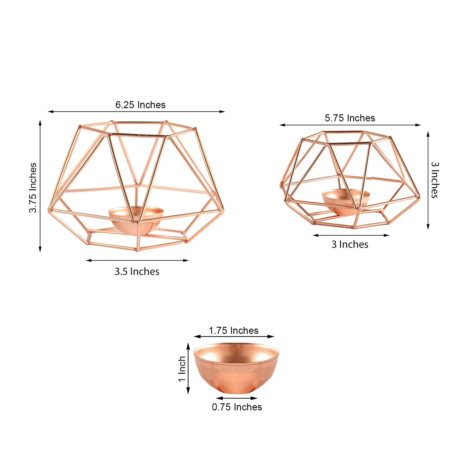 TABLECLOTHSFACTORY Set of 2 Rose Gold Metal Hexagon Top Geometrical Tealight Candle Holders Flower Vase - 4"|3"