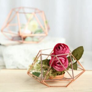 TABLECLOTHSFACTORY Set of 2 Rose Gold Metal Hexagon Top Geometrical Tealight Candle Holders Flower Vase - 4"|3"