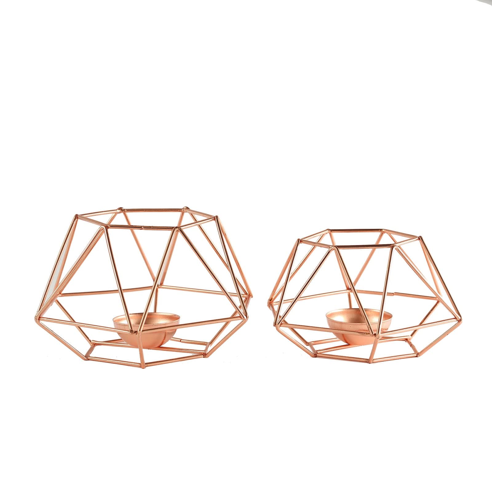 TABLECLOTHSFACTORY Set of 2 Rose Gold Metal Hexagon Top Geometrical Tealight Candle Holders Flower Vase - 4"|3"