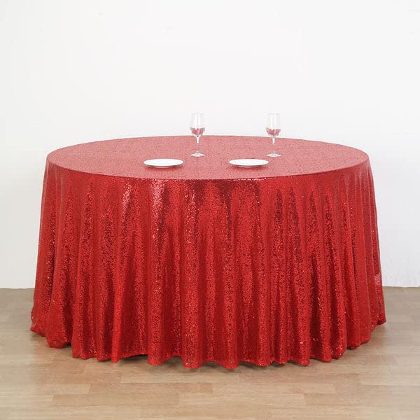 Tableclothsfactory 132" Wholesale Premium Table Cover Sparkly Sequin Round Tablecloth for Wedding Banquet Party Home Decor - Red