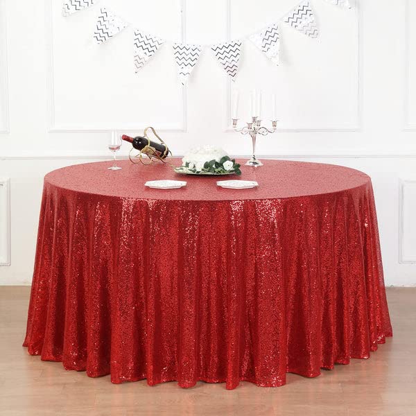 Tableclothsfactory 132" Wholesale Premium Table Cover Sparkly Sequin Round Tablecloth for Wedding Banquet Party Home Decor - Red