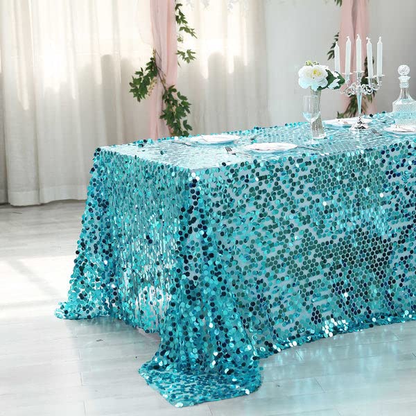 Tableclothsfactory 90X156 Turquoise Premium Big Payette Sparkly Sequin Rectangle Tablecloth for Wedding Party Kitchen Dining Catering