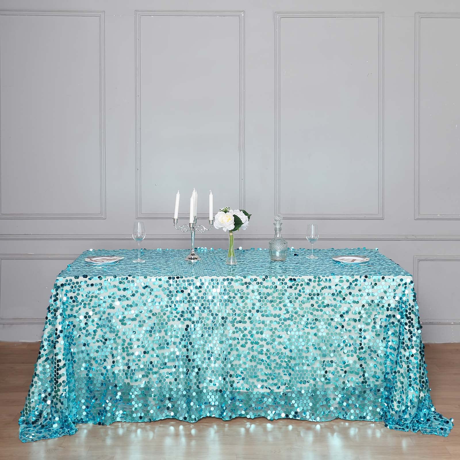 Tableclothsfactory 90X156 Turquoise Premium Big Payette Sparkly Sequin Rectangle Tablecloth for Wedding Party Kitchen Dining Catering