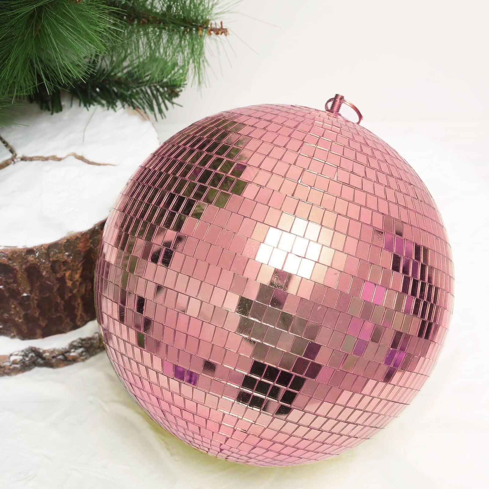 Tableclothsfactory 2 Pcs 9" Rose Gold Glass Mirror Disco Ball with Hanging String Christmas Ornaments