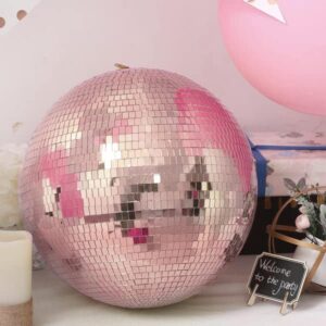 Tableclothsfactory 2 Pcs 9" Rose Gold Glass Mirror Disco Ball with Hanging String Christmas Ornaments