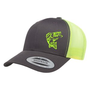 love sketches embroidered fishing jumping bass trucker snapback cap mesh back men and women (charcoal/neon green)