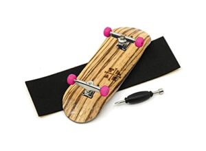 teak tuning prolific complete fingerboard with upgraded components - pro board shape and size, bearing wheels, and trucks - 32mm x 97mm handmade wooden board - pink zebra edition