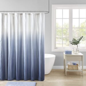 madison park ara shower curtain, seersucker design ombre print, modern bathroom decor, machine washable, fabric privacy screen, 72x72, blue