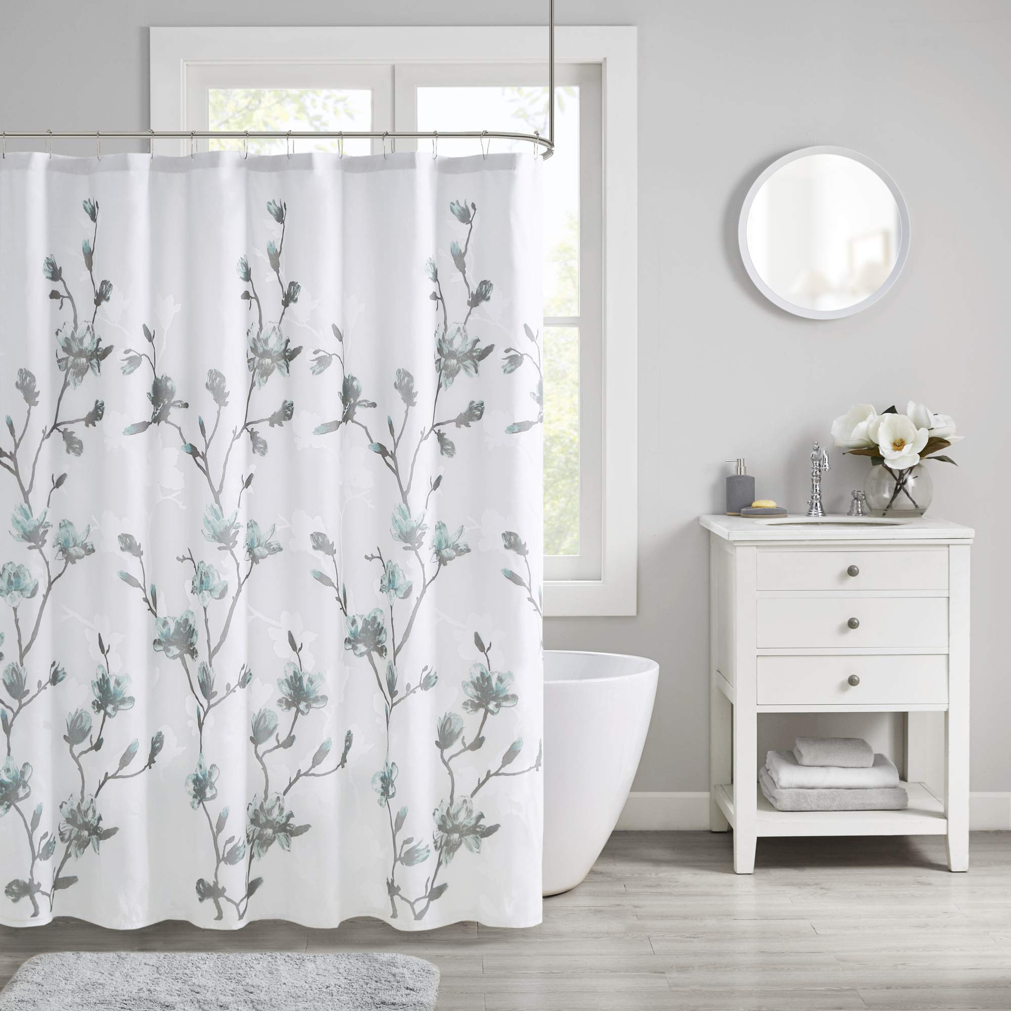 Madison Park Magnolia Shower Curtain, Luxurious Botanical Floral Print, Modern Serene Bathroom Décor, Machine Washable Bath Privacy Screen, 72x72, Aqua