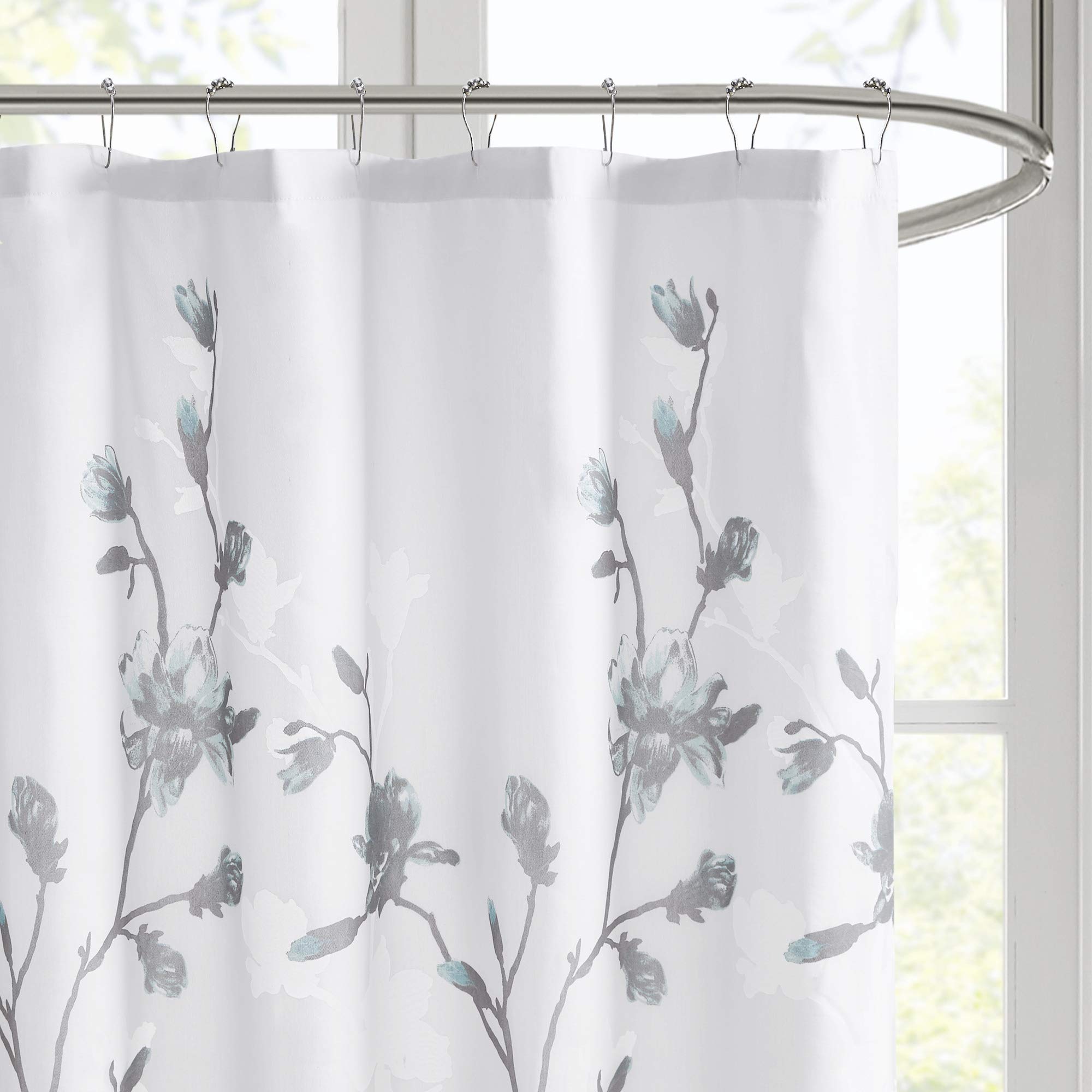 Madison Park Magnolia Shower Curtain, Luxurious Botanical Floral Print, Modern Serene Bathroom Décor, Machine Washable Bath Privacy Screen, 72x72, Aqua