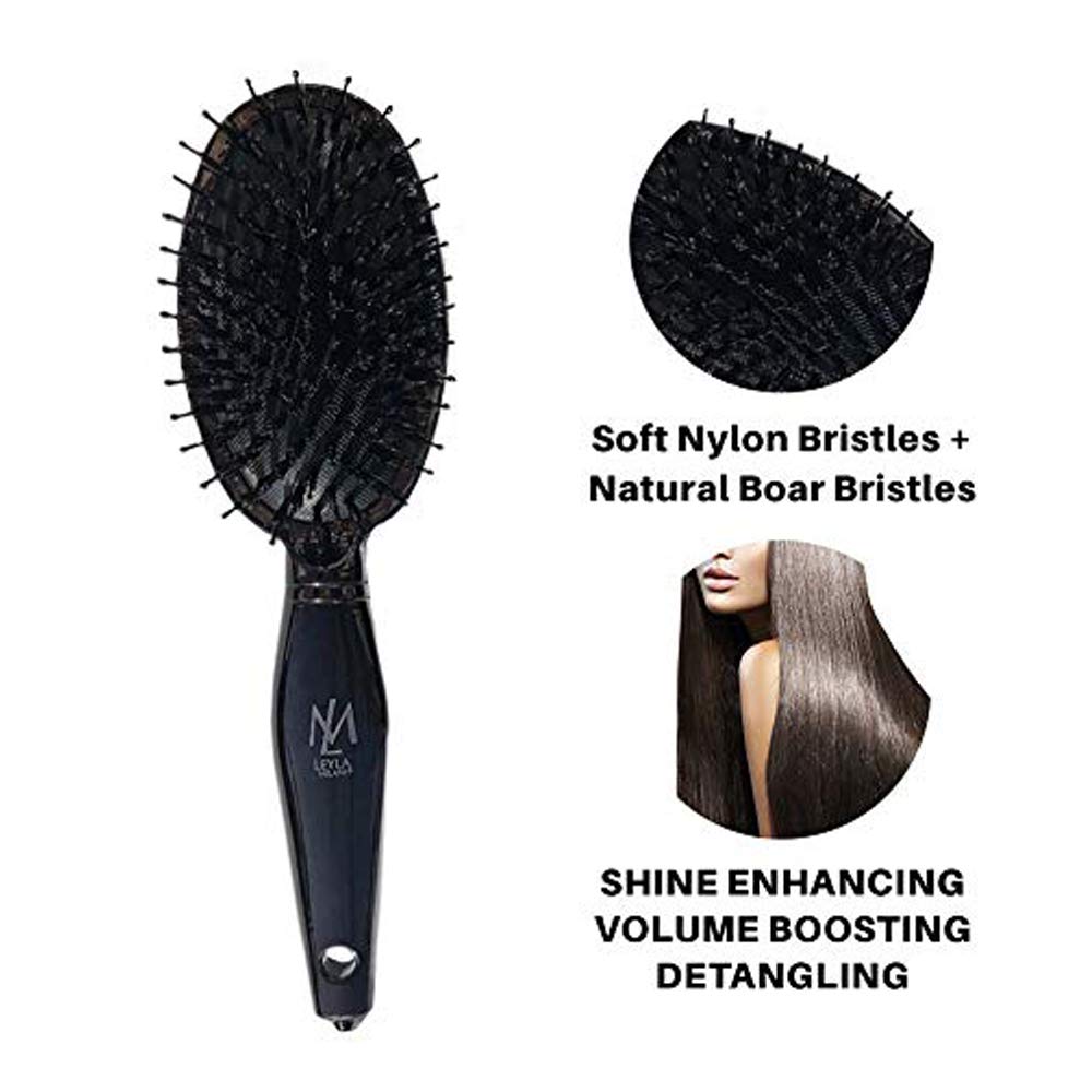 Leyla Milani Hair Detangler Brush - Miracle Brush Human Hair Brushes for Sensitive Scalp, Gentle Detangling, Shine, Volumizing, Nylon Boar Bristle, Best Paddle Brush for Women, Men, Kids (Black)