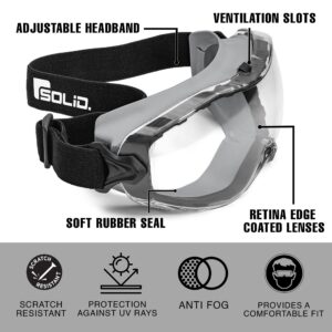 SolidWork Safety Goggles Anti-Fog Clear Lens with Adjustable Elastic Headband. Safety Goggles & Glasses Fit for All - Protective Eyewear for Men & Women.