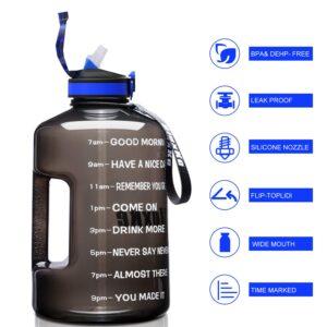 SLUXKE 1 Gallon Water Bottle with Time Marker BPA Free Motivational, 128oz Leak Proof Water Bottle Jug with Handle and Straw Black