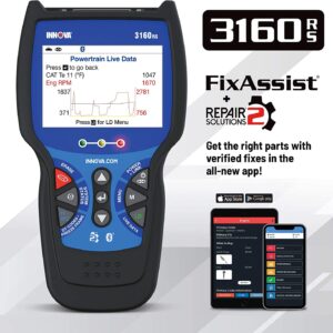 INNOVA 3160RS OBD2 Scanner, ABS Brake Bleeder, ABS SRS Engine Transmission Diagnoses, Airbag Light Reset, Car Battery Tester & Alternator Tester, Battery Reset, Fix & Parts Recommendations