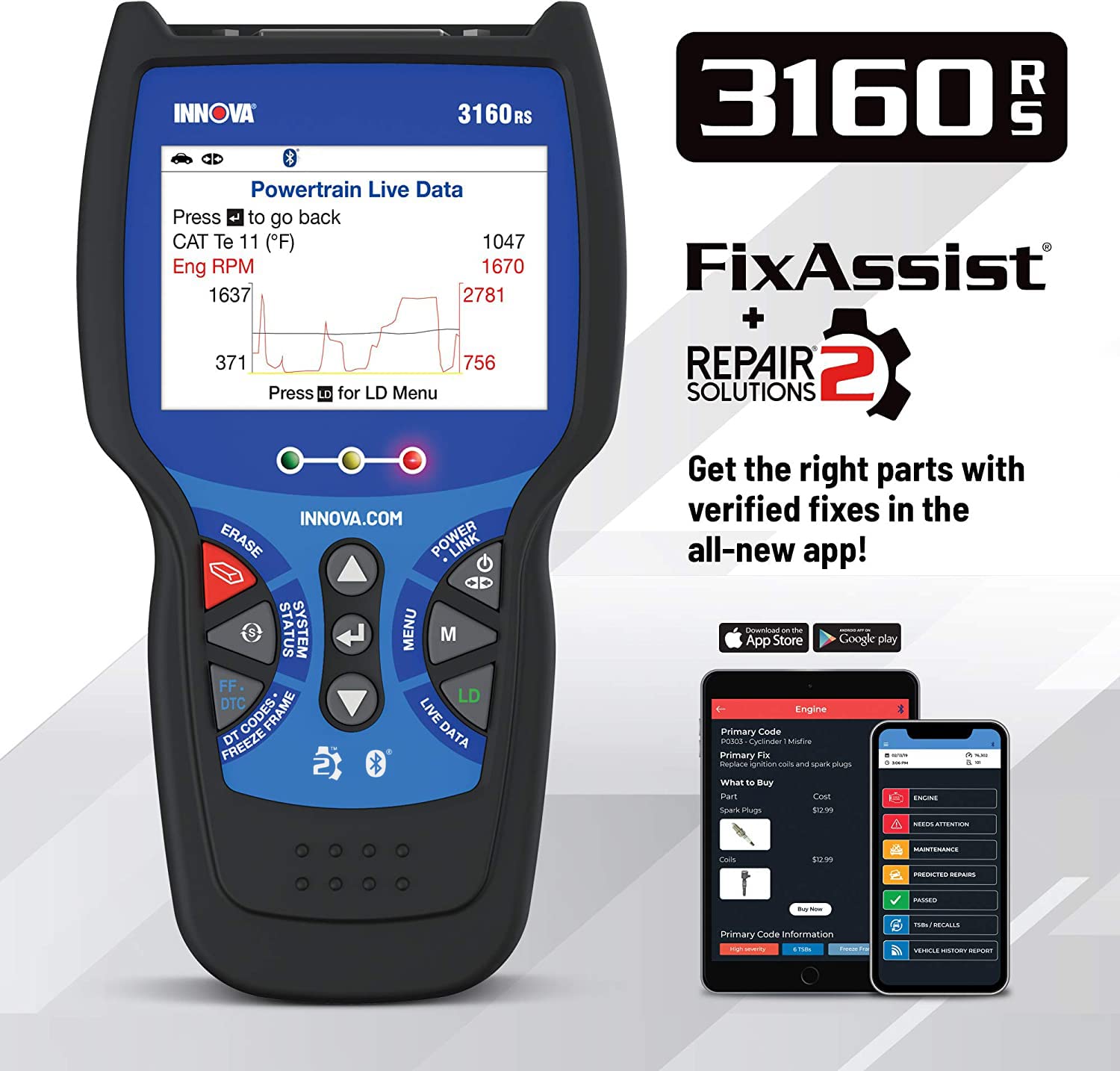 INNOVA 3160RS OBD2 Scanner, ABS Brake Bleeder, ABS SRS Engine Transmission Diagnoses, Airbag Light Reset, Car Battery Tester & Alternator Tester, Battery Reset, Fix & Parts Recommendations