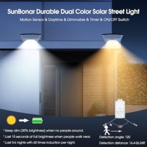 SunBonar Solar Street Lights Outdoor Motion Sensor, Dimmable & Cool White(6000K) & Warm White(3000K) & Timer, Dusk to Dawn Aluminum Solar Flood Light with Remote for Driveway Path Garden Parking Lot